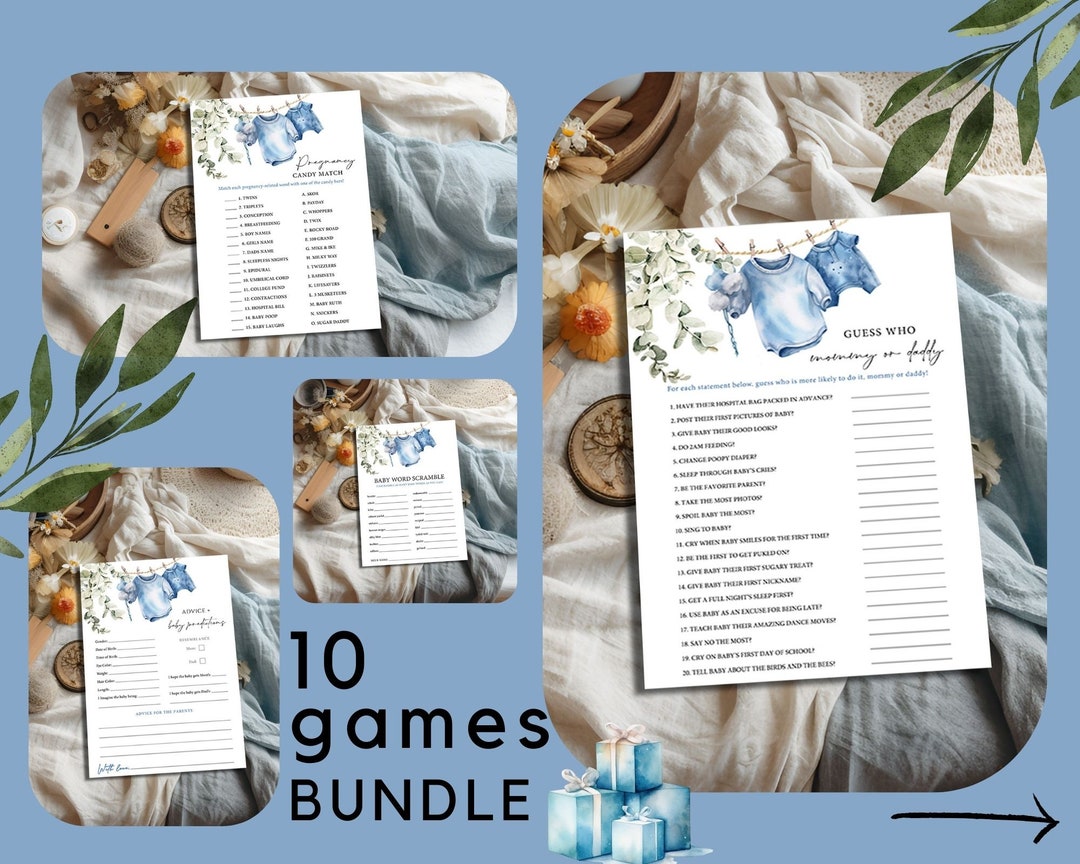 Boy Baby Shower Games Bundle Blue Baby Clothes Boho Nursery Baby Shower ...