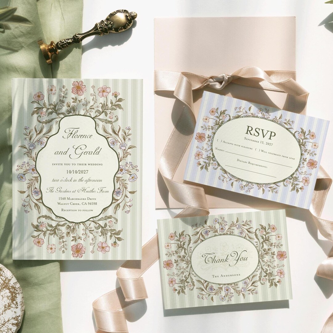 Pink Floral Wedding Invite Green Stripe Wedding Invitation Suite ...
