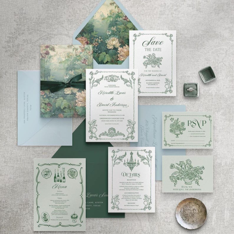 Regency Era Wedding Invitation Suite, Hunter Green Floral Invite ...