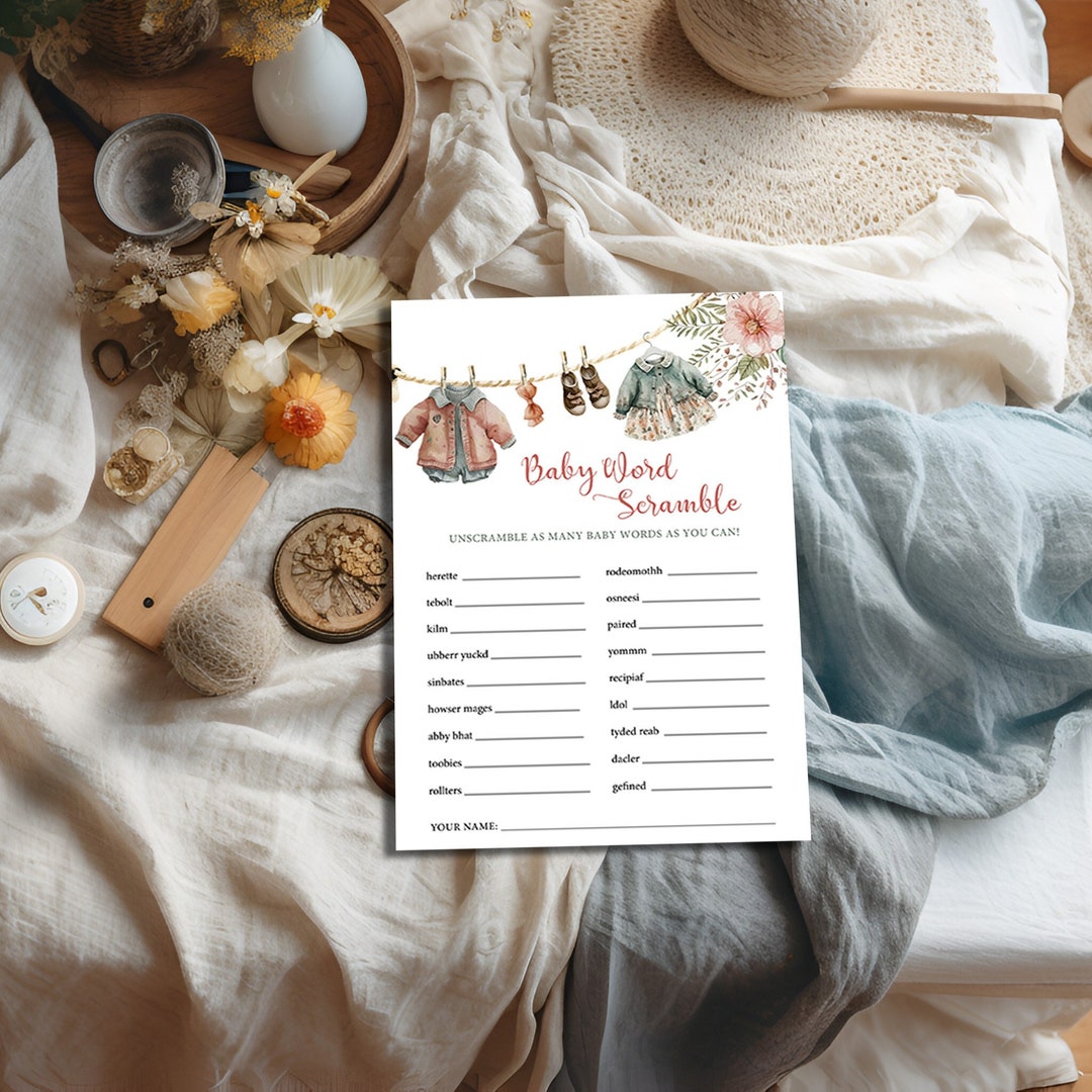 Baby Word Scramble Girl Baby Shower Game Boho Pink Baby Clothes Floral ...