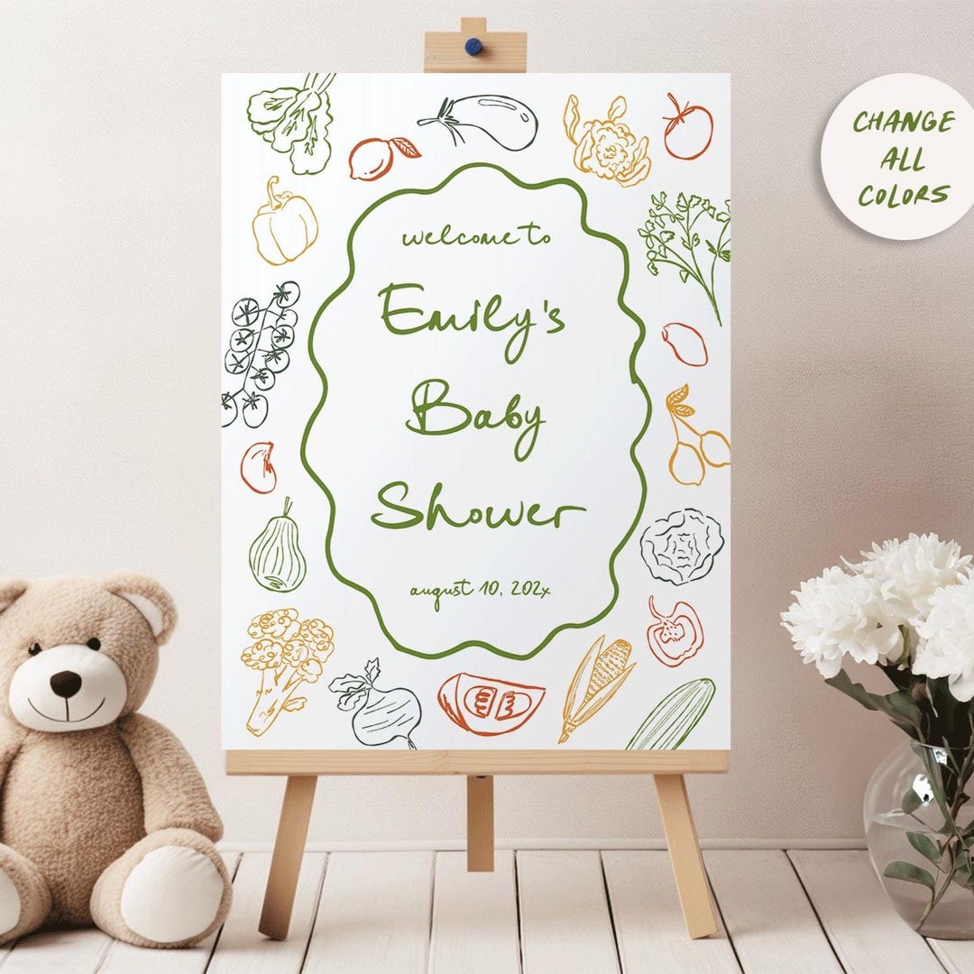 Locally Grown Baby Shower Welcome Sign Hand Drawn Fruit Veggies Welcome ...
