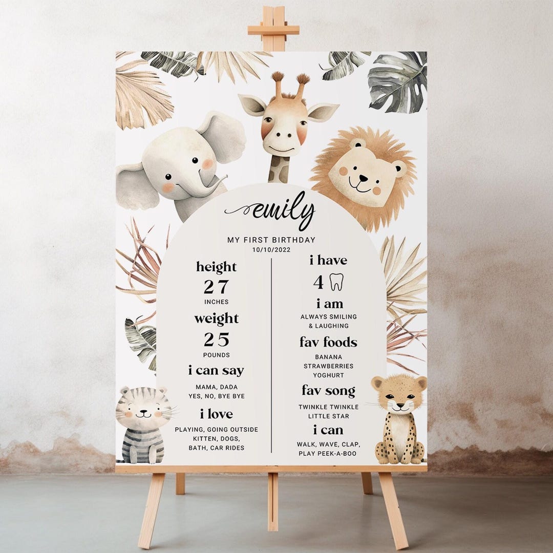 Boho Safari Birthday Milestone Poster, Jungle Animals Decor (editable ...