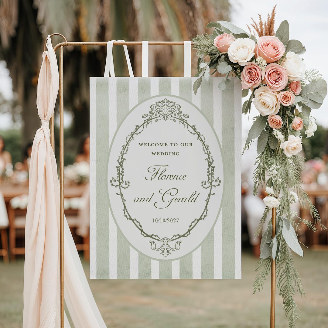 Green Striped Wedding Welcome Sign Template: Old Money Theme, Vintage ...
