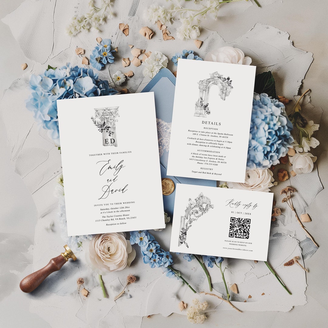 Mediterranean Wedding Invitation Suite, Greek Architecture Style Modern ...