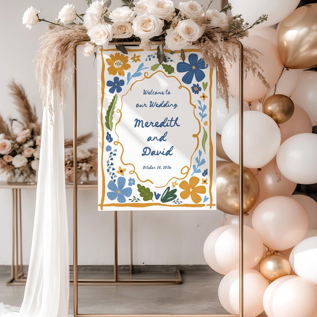 Floral Wedding Welcome Sign: Hand-drawn Wildflower Garden Party Decor ...