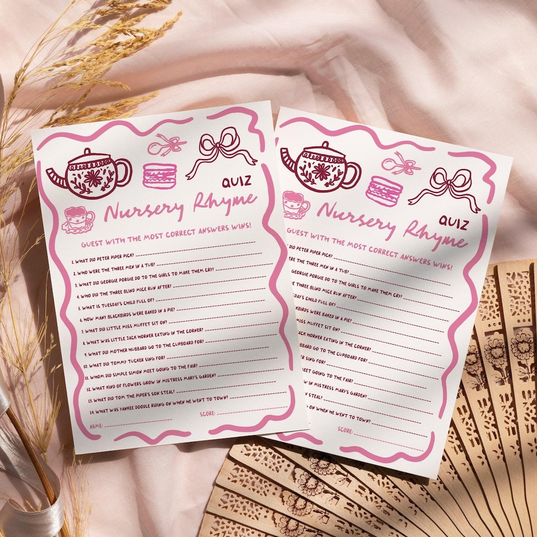 Nursery Rhyme Quiz Tea Party Baby Shower Game Pink Baby Sprinkle ...