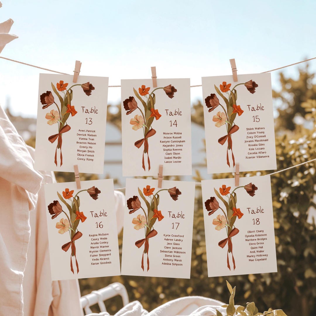 Floral Seating Chart Cards: Wedding Guest List Table Sign, Pink/orange ...