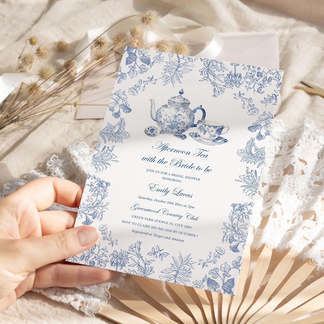 Dusty Blue Bridal Shower Invitation, Tea Party Toile (editable Template ...