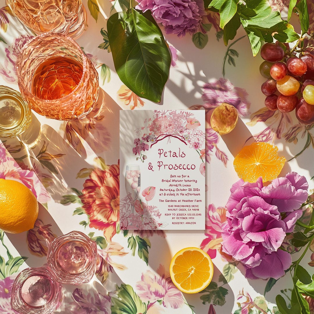 Petals and Prosecco Bridal Shower Invitation Pink Floral Wildflower ...