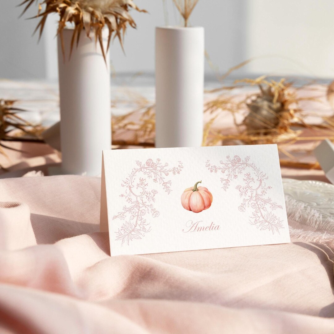 Pink Pumpkin Name Cards Fall Baby Shower Place Cards Food Labels ...