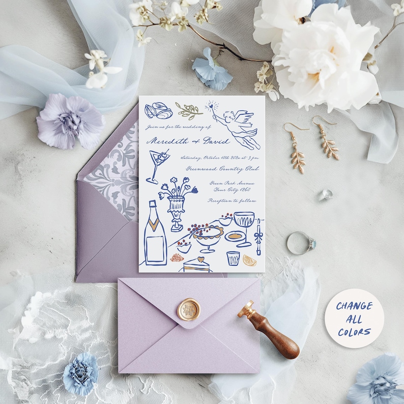Secret Garden Storybook Wedding Invitation: Whimsical Hand Drawn Blue ...