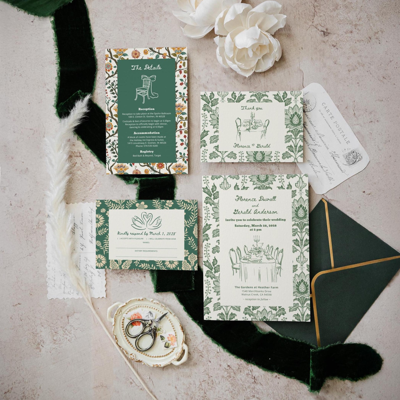 Emerald Green Floral Wedding Invitation Suite: White Botanical Winter ...