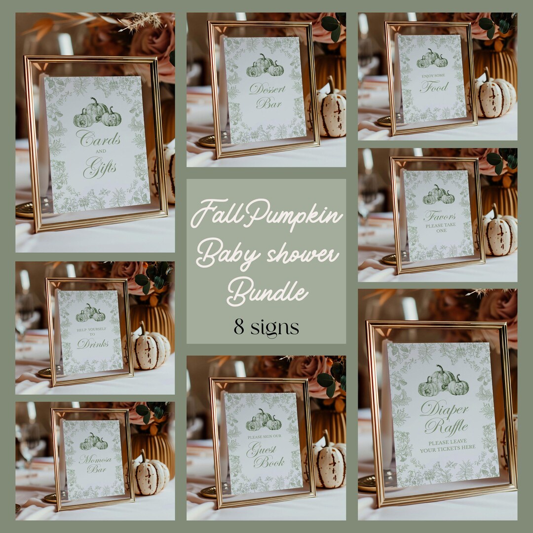 Fall Baby Shower Signs Bundle Sage Green Pumpkin Chinoiserie Boy Girl ...