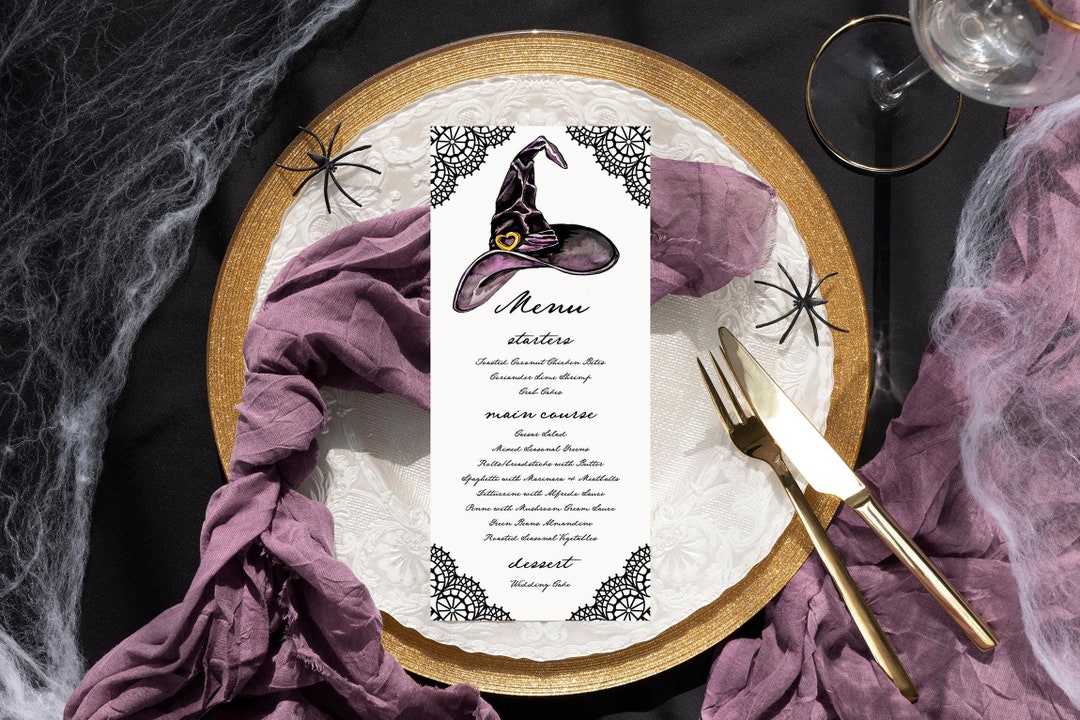 Halloween Menu Card Template, Witch Hat Halloween Costume Party Decor ...