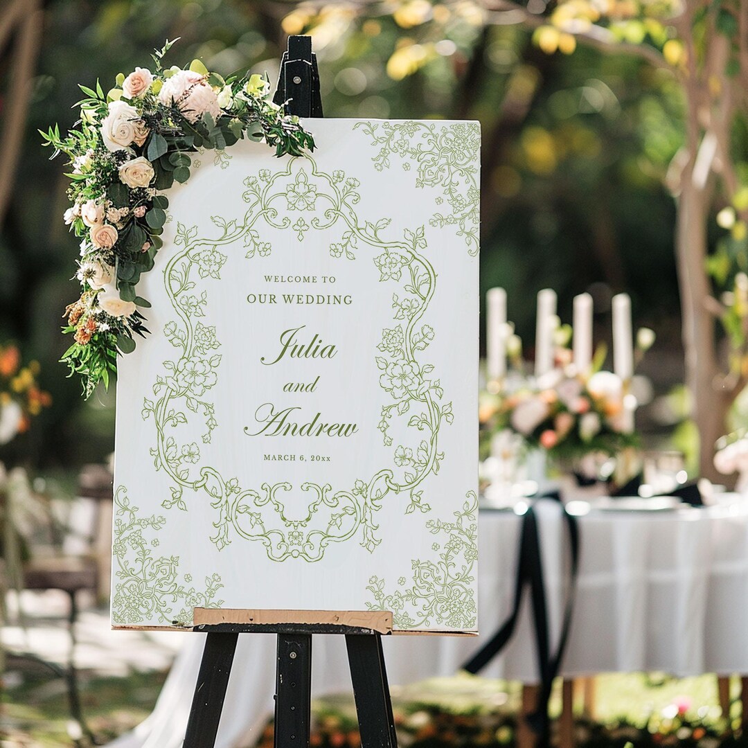 Chinoiserie Wedding Welcome Sign, Green Floral Crest, Vintage Regency ...