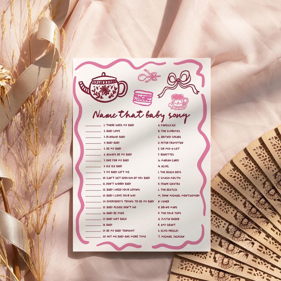 Tea Party Baby Shower Game: Name That Song, Hand Drawn Pink Doodle ...