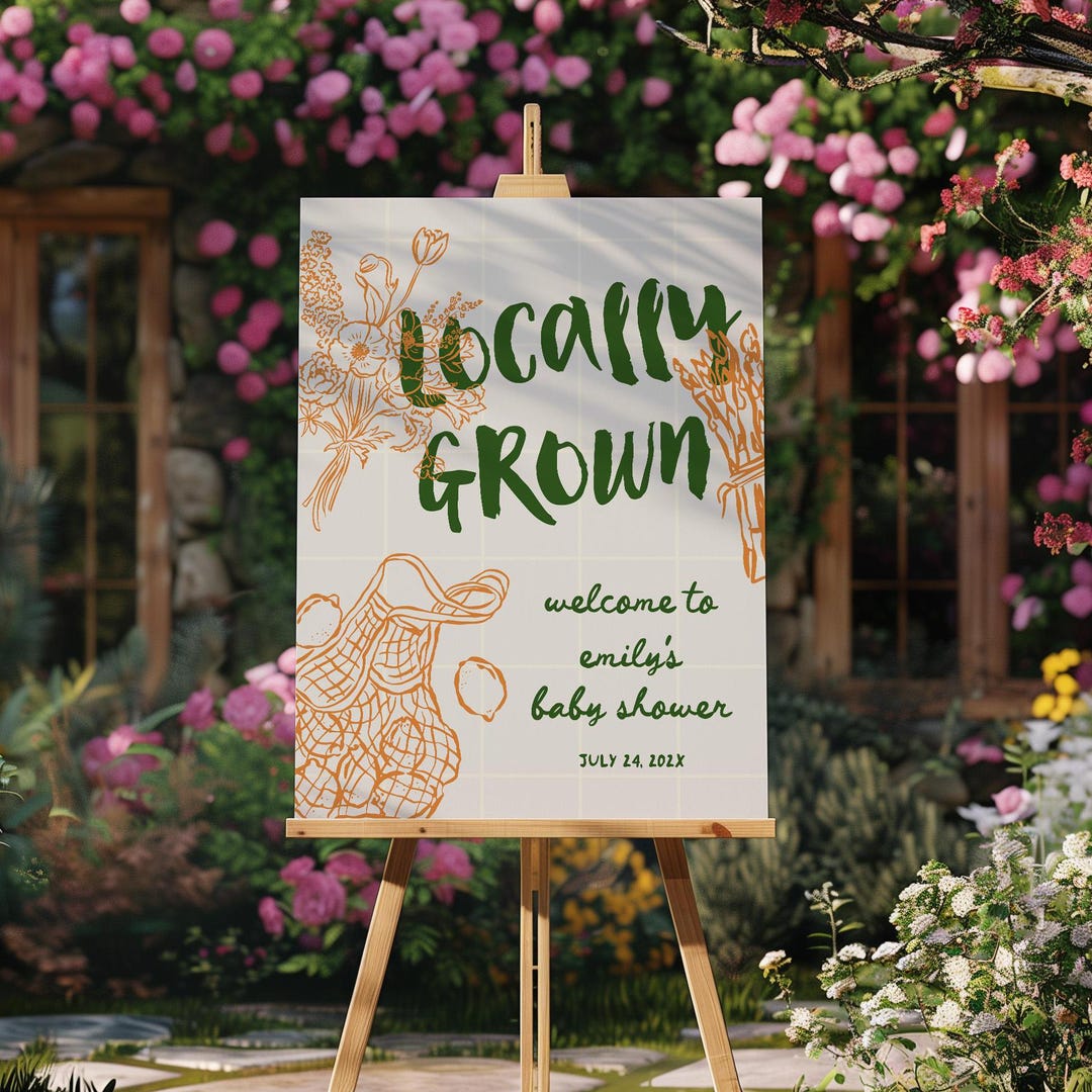 Locally Grown Baby Shower Welcome Sign: Hand Drawn Fruit Veggies Decor ...