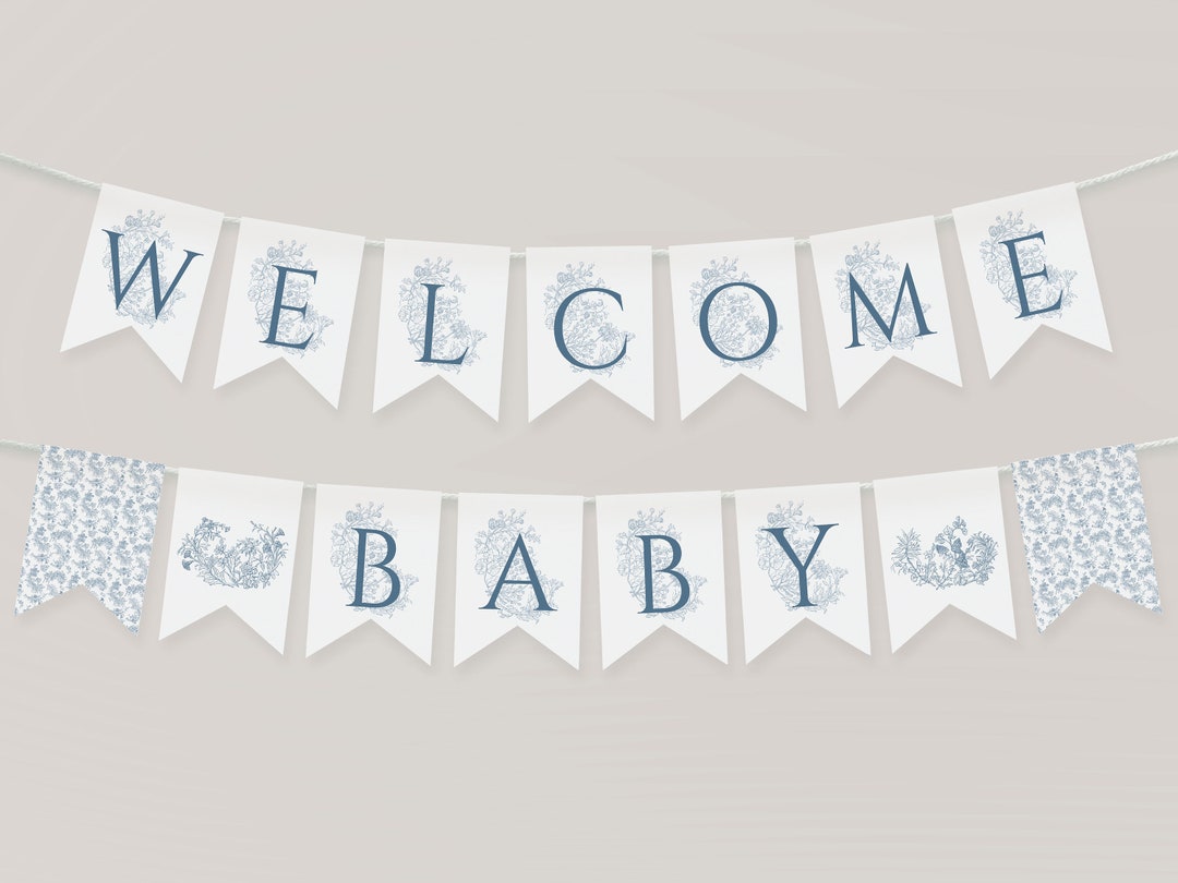 Chinoiserie Baby Shower Banner Dusty Blue Floral Vintage Garland ...
