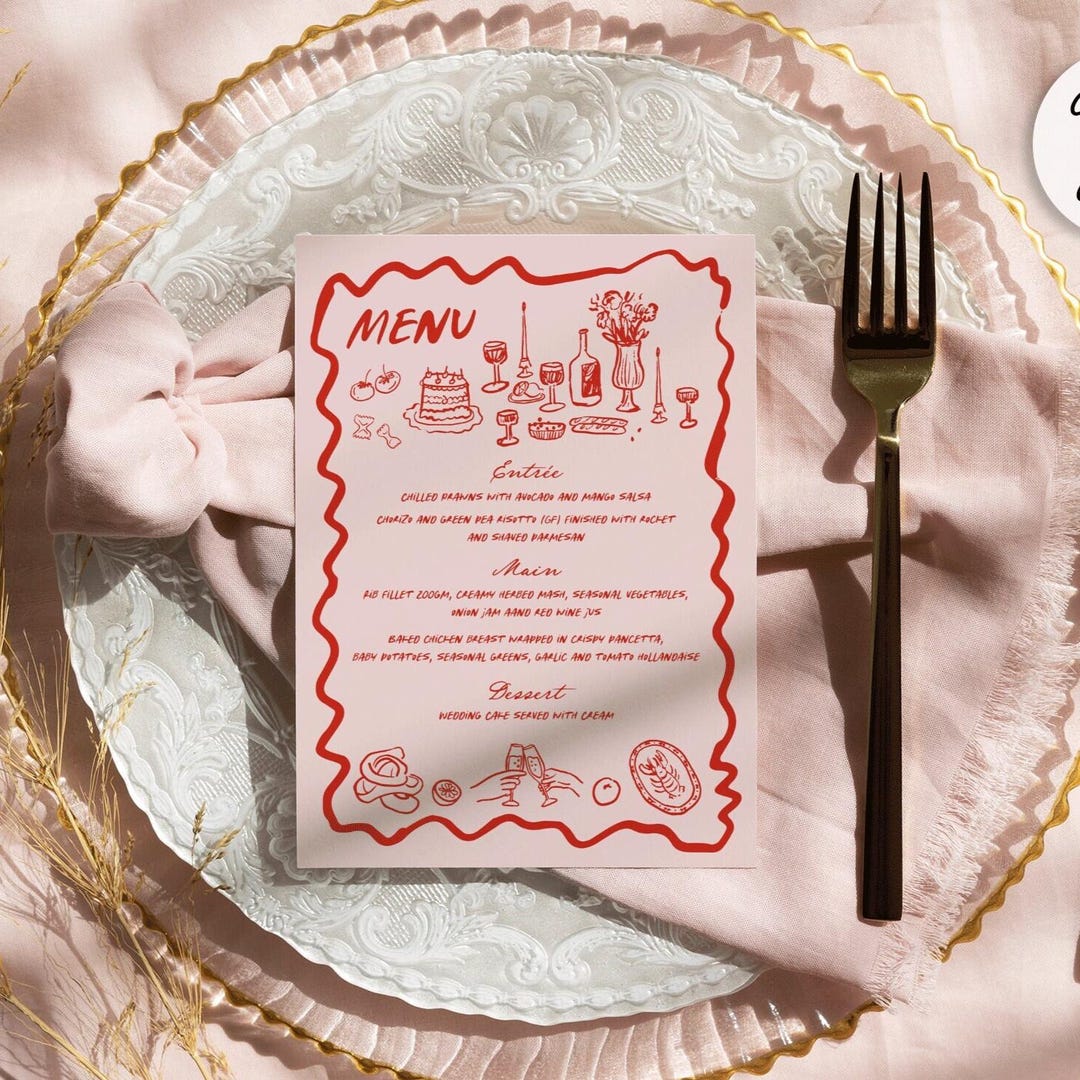 Red Pink Menu Card Hand Drawn Wedding Menu Whimsical Table Decor ...
