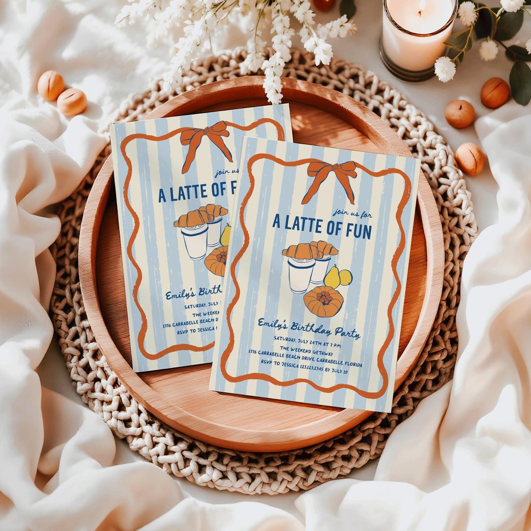Coffee Birthday Invitation: Latte of Fun, Blue Stripes Brinch Invite ...