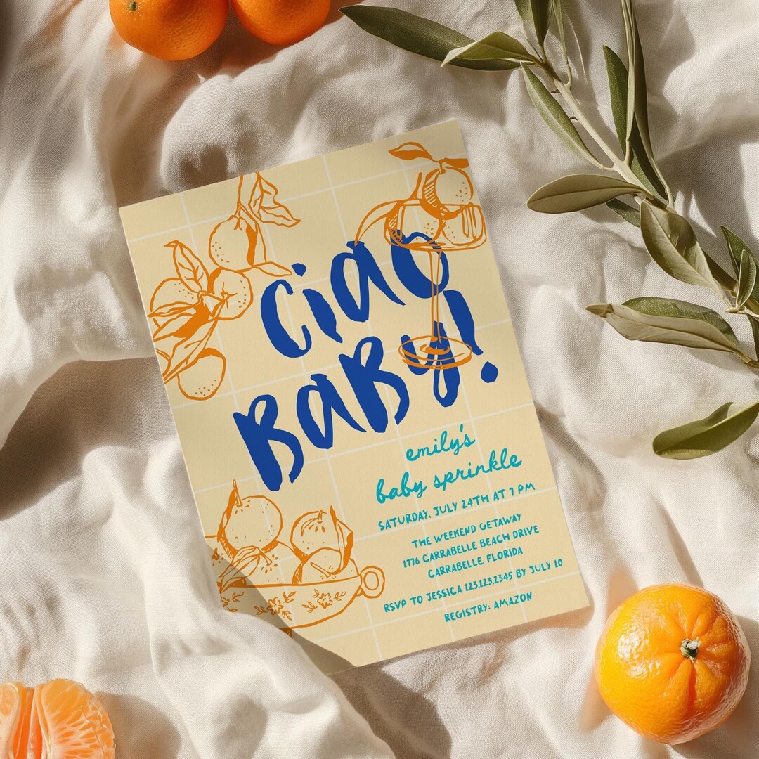Ciao Baby Sprinkle Invitation Hand Drawn Oranges Invite, Merditerranean ...