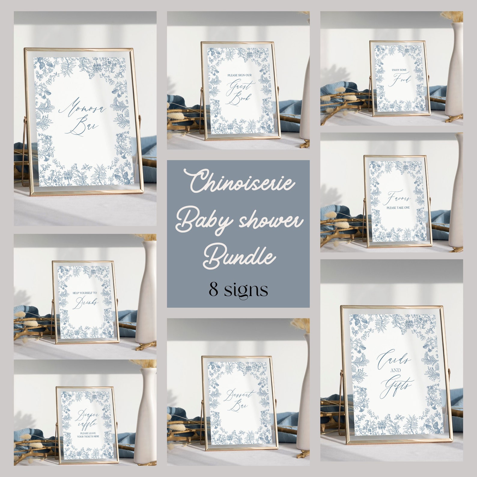 Dusty Blue Toile Baby Shower Invitation Set, Vintage Chinoiserie Garden ...