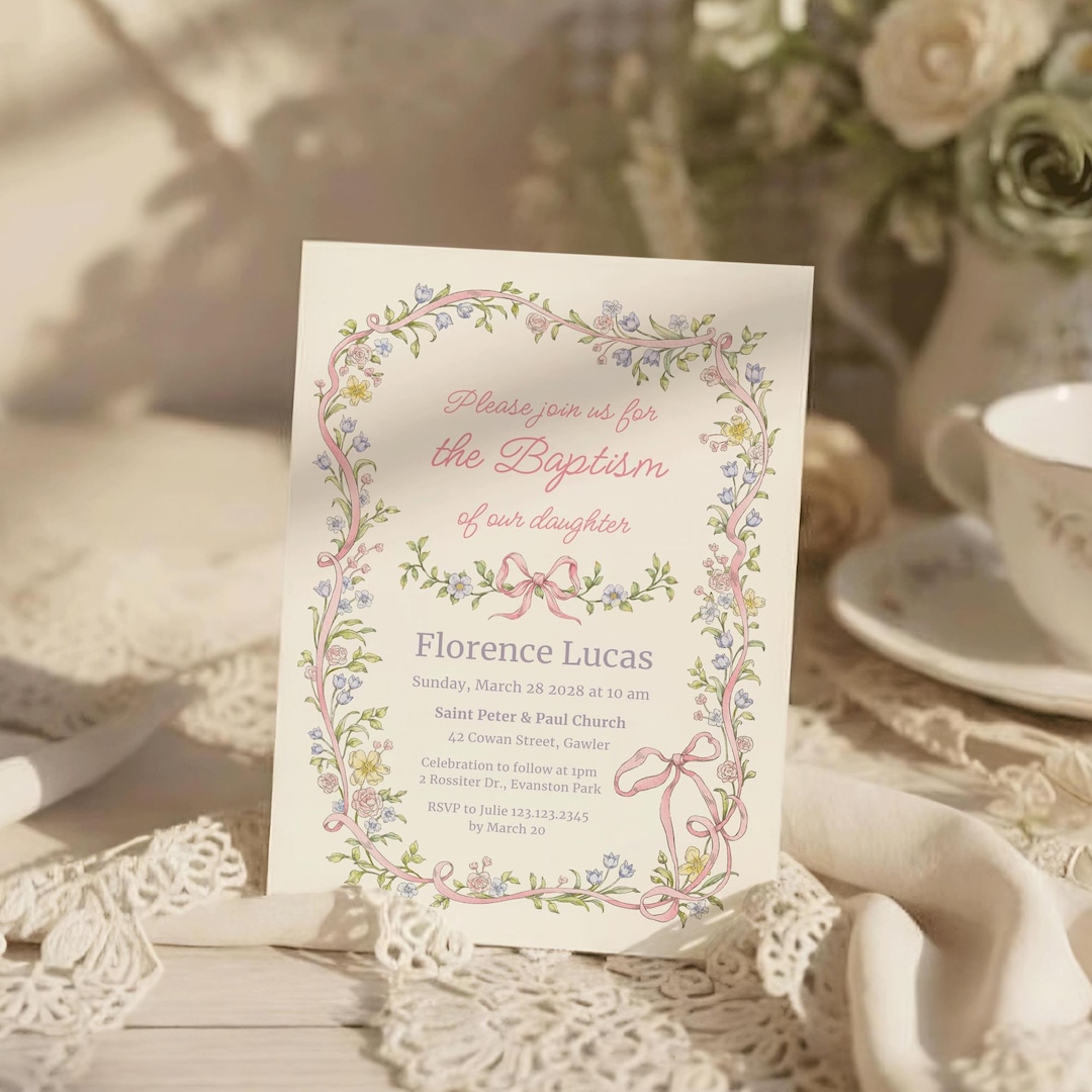 Vintage Floral Baptism Invitation: Pastel Wildflower Pink Bow Coquette ...