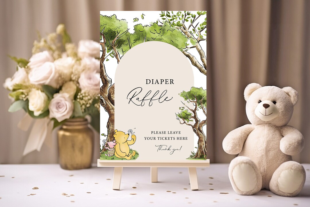 Winnie the Pooh Diaper Raffle Sign Baby Shower Decorations Girl Boy ...