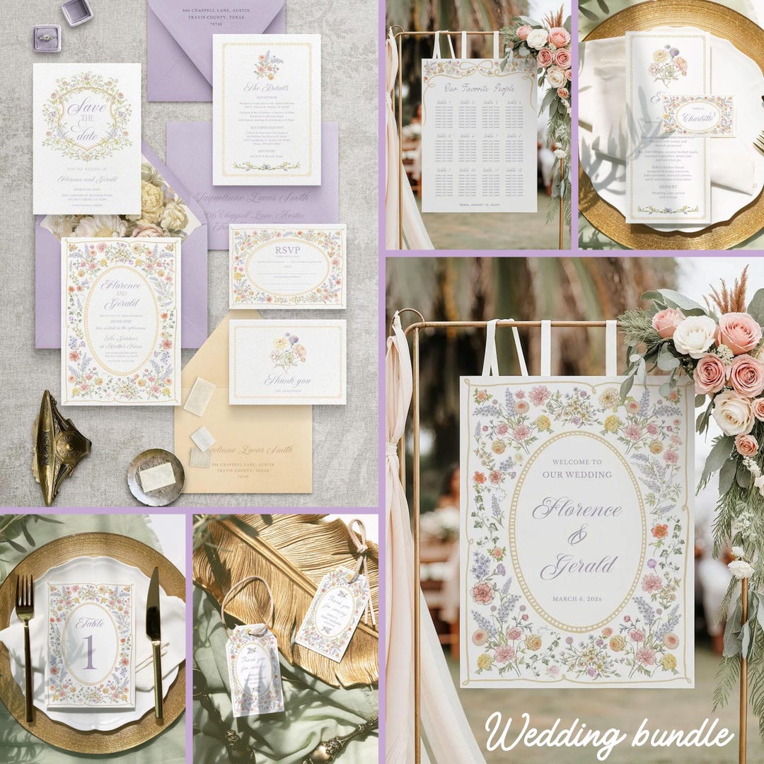 Pastel Floral Wedding Invitation Bundle: Vintage Wildflower Garden ...