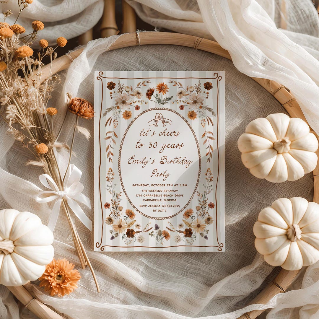 Fall Wildflower Birthday Invitation, Stripes Dinner Party Invite Pink ...