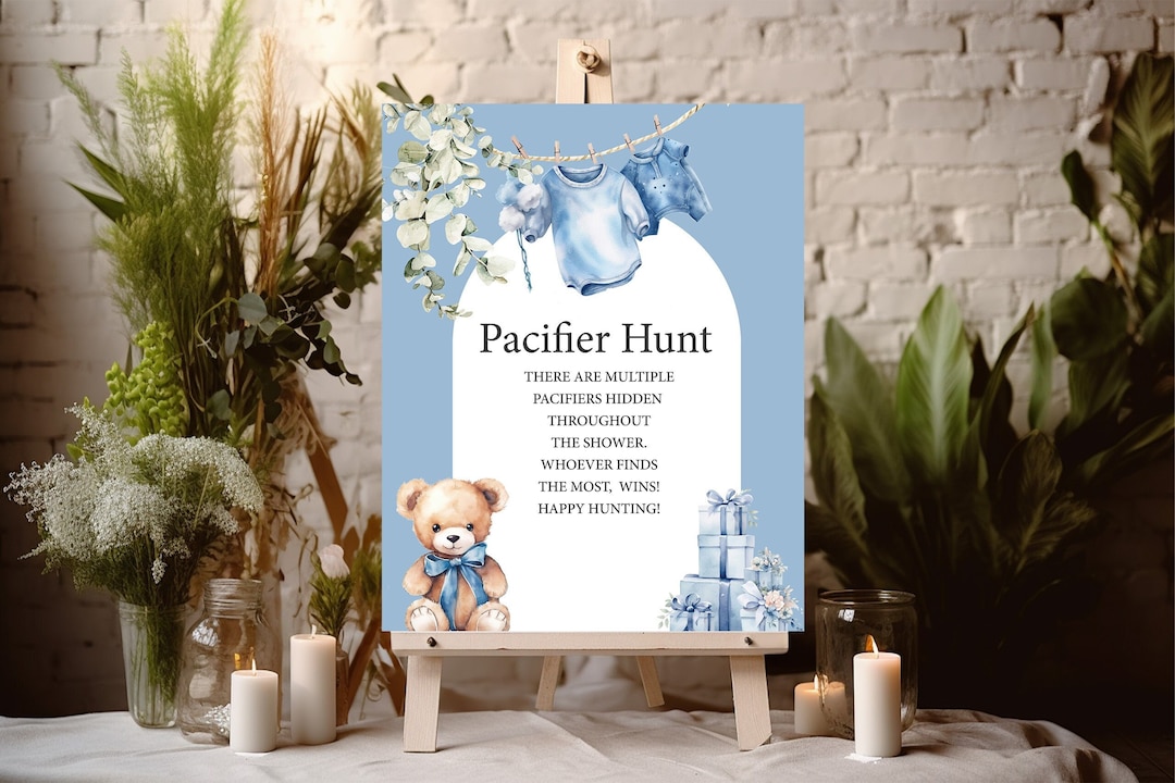Pacifier Hunt Sign Boy Baby Shower Game Printable Greenery Boho Blue ...