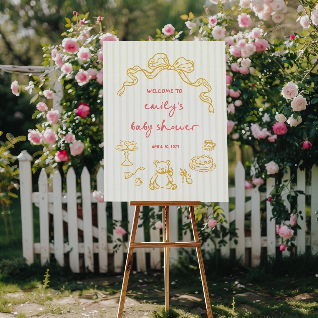 Tea Party Welcome Sign Baby Shower Sign Bow Teddy Bear Girl Baby Shower ...