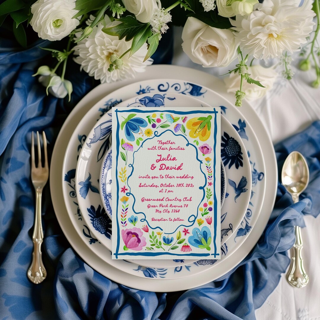Floral Fiesta Wedding Invitation: Hand-drawn Colorful Flowers Mexican ...