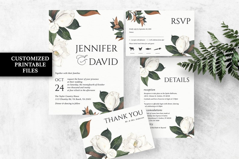 Floral wedding invitation printable magnolia Invitation suite | Etsy