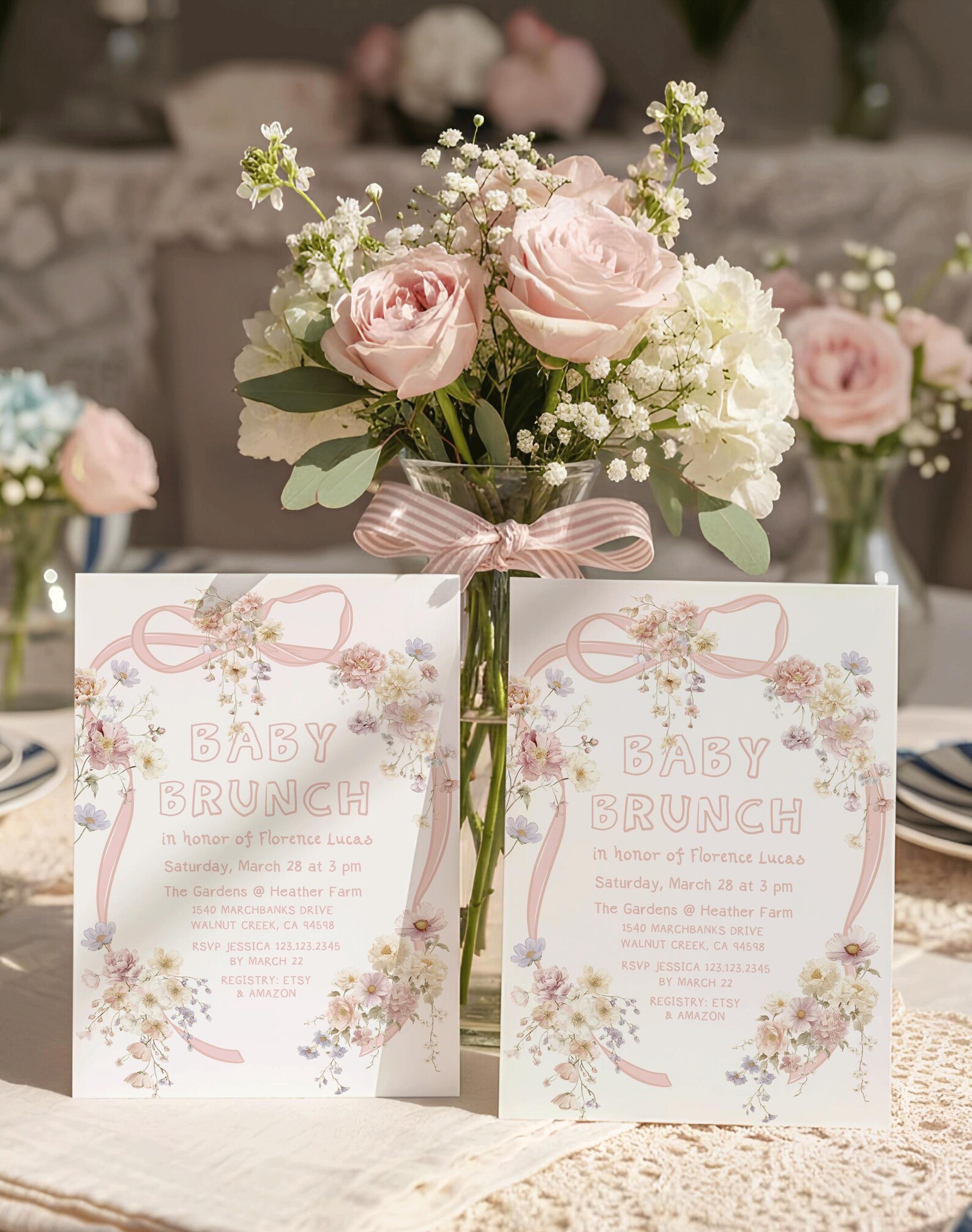 Spring Coquette Baby Shower Invitation Editable, Pink Bow Floral ...