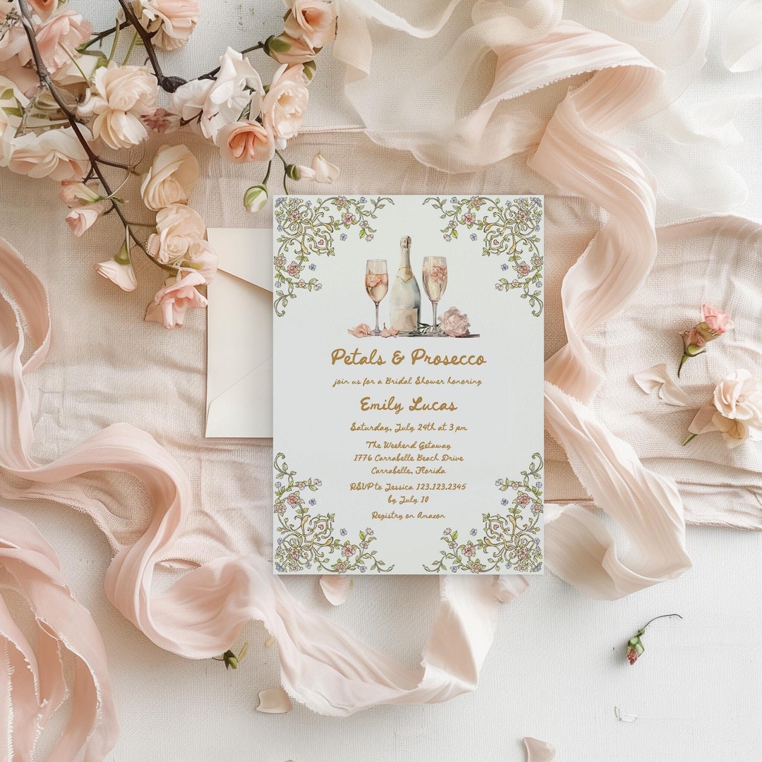 Prosecco Bridal Shower Invitation Petals and Prosecco Invite, Victorian ...