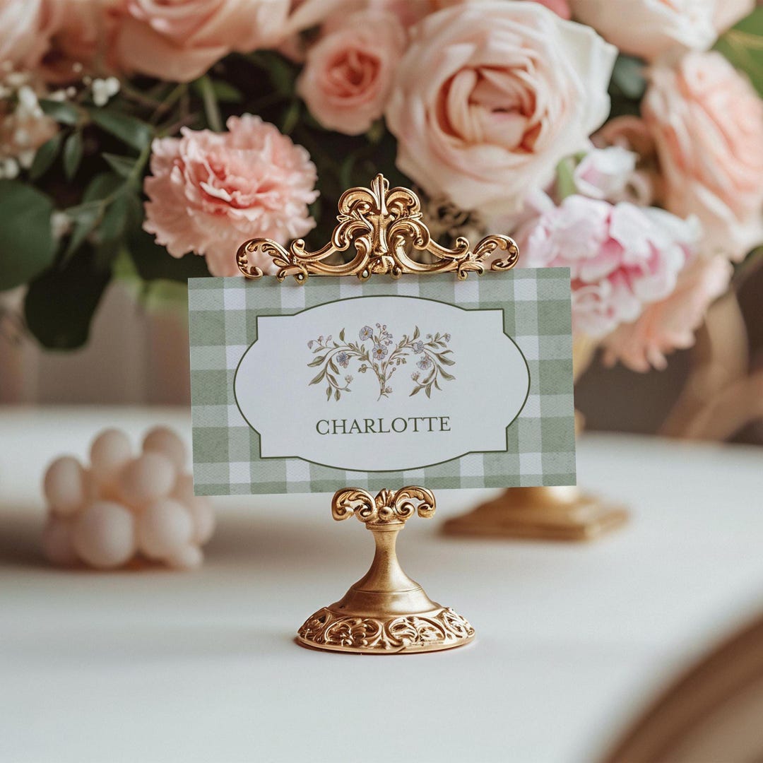 Floral Gingham Place Card Template, Cottagecore Decor, Wedding Party ...