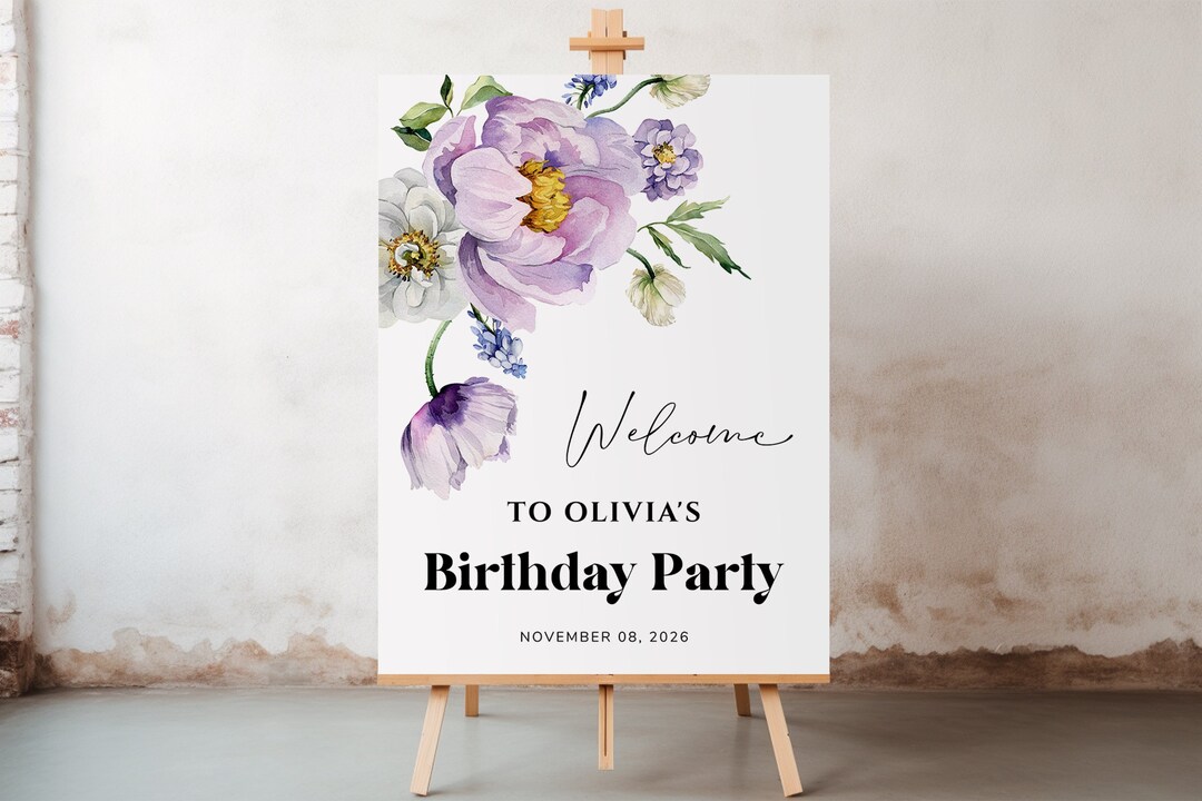 Birthday Welcome Sign Purple Floral Birthday Sign, Spring Summer Garden ...
