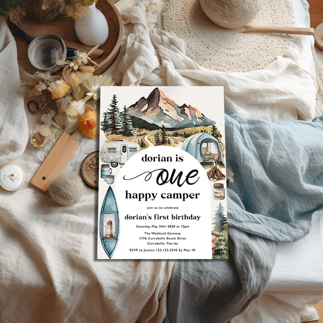 One Happy Camper Invitation Boy First Birthday Invite Template National Park Camp Theme Birthday ...