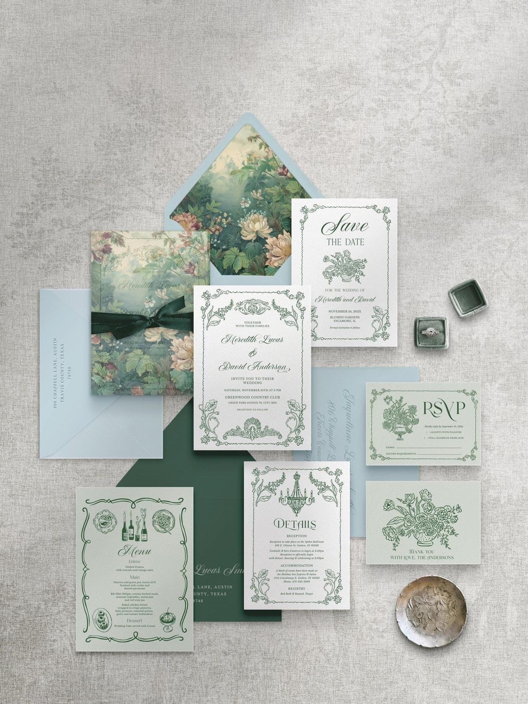 Regency Era Wedding Invitation Suite, Hunter Green Floral Wedding ...