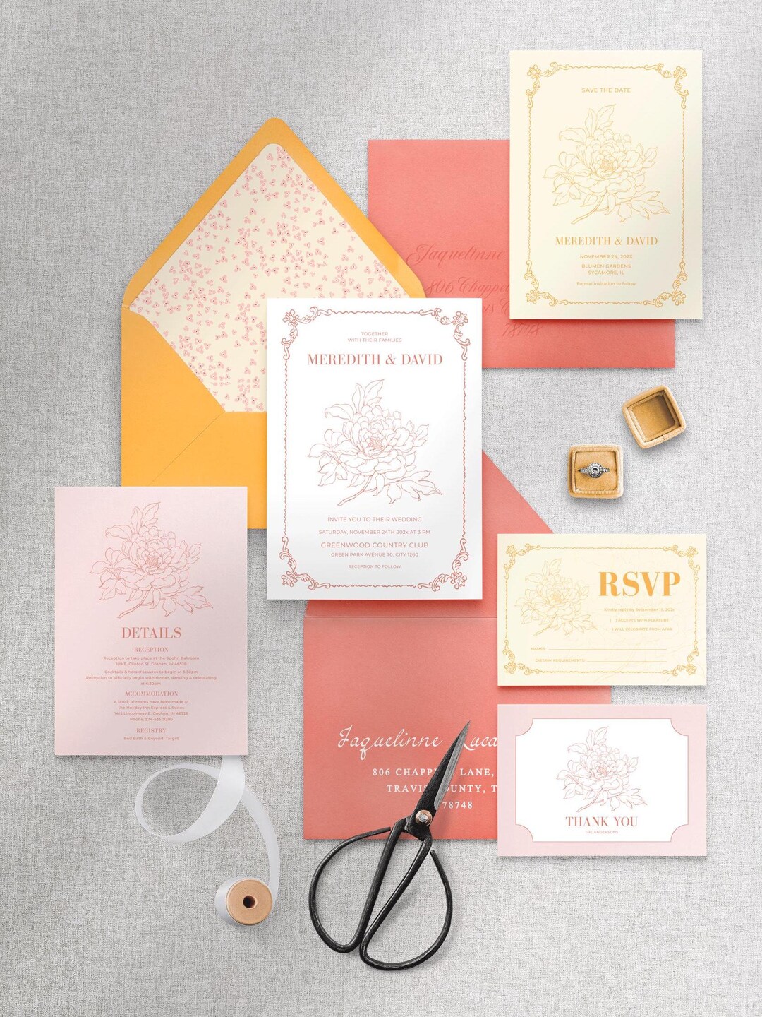 Botanical Wedding Invitation Suite Peach Mango Pink Garden Wedding ...