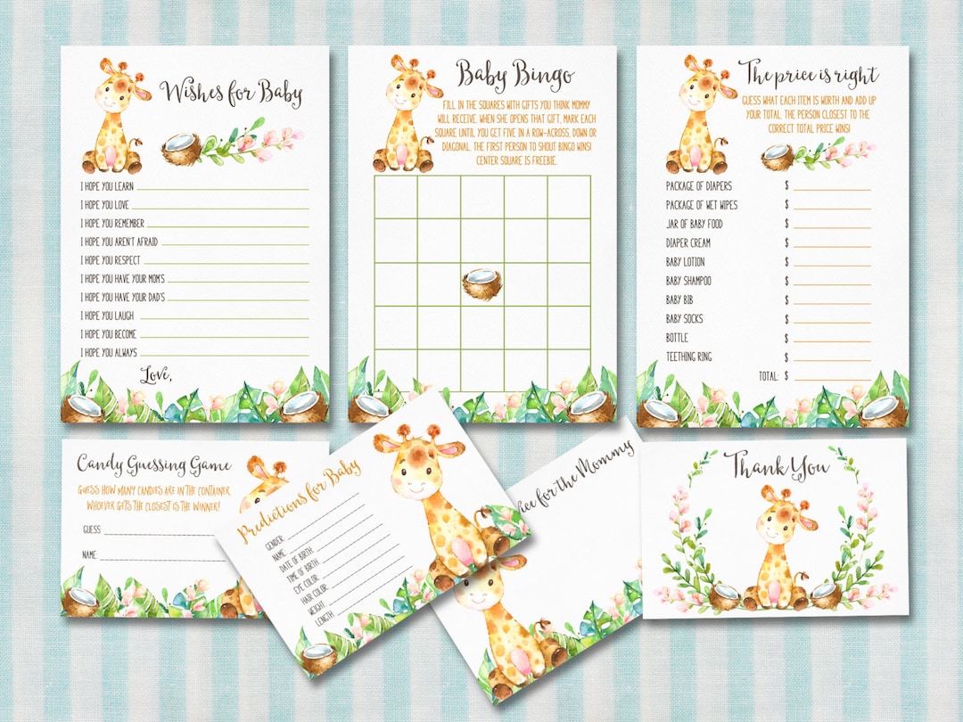 Safari Baby Shower Games Package, Giraffe Baby Shower Games Pack, Girl ...