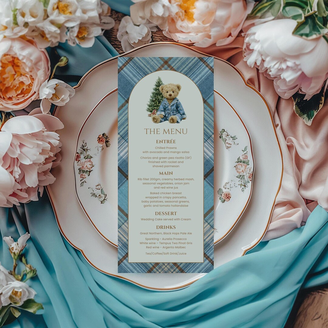 Teddy Bear Baby Shower Menu: Winter Plaid, We Can Bearly Wait Party ...