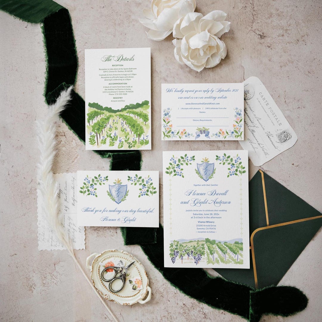 Vineyard Wedding Invitation Suite: Blue Green Watercolor Cottagecore ...
