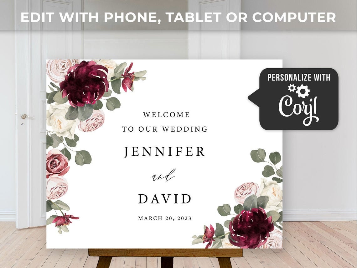 Floral Wedding Signs bundle pink burgundy greenery baby | Etsy