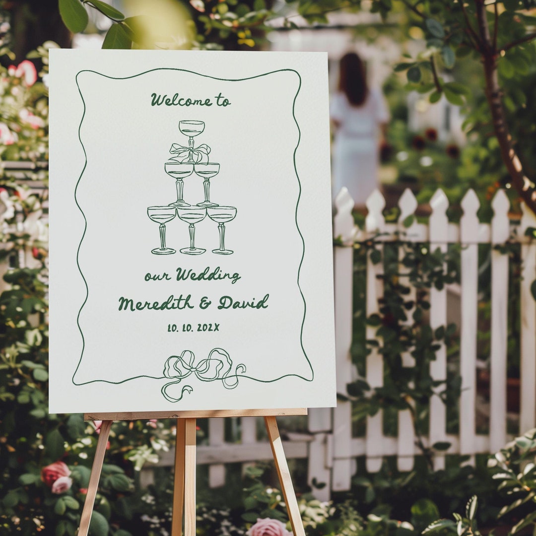 Hand-drawn Coquette Wedding Welcome Sign: Champagne Tower Bow, Digital ...
