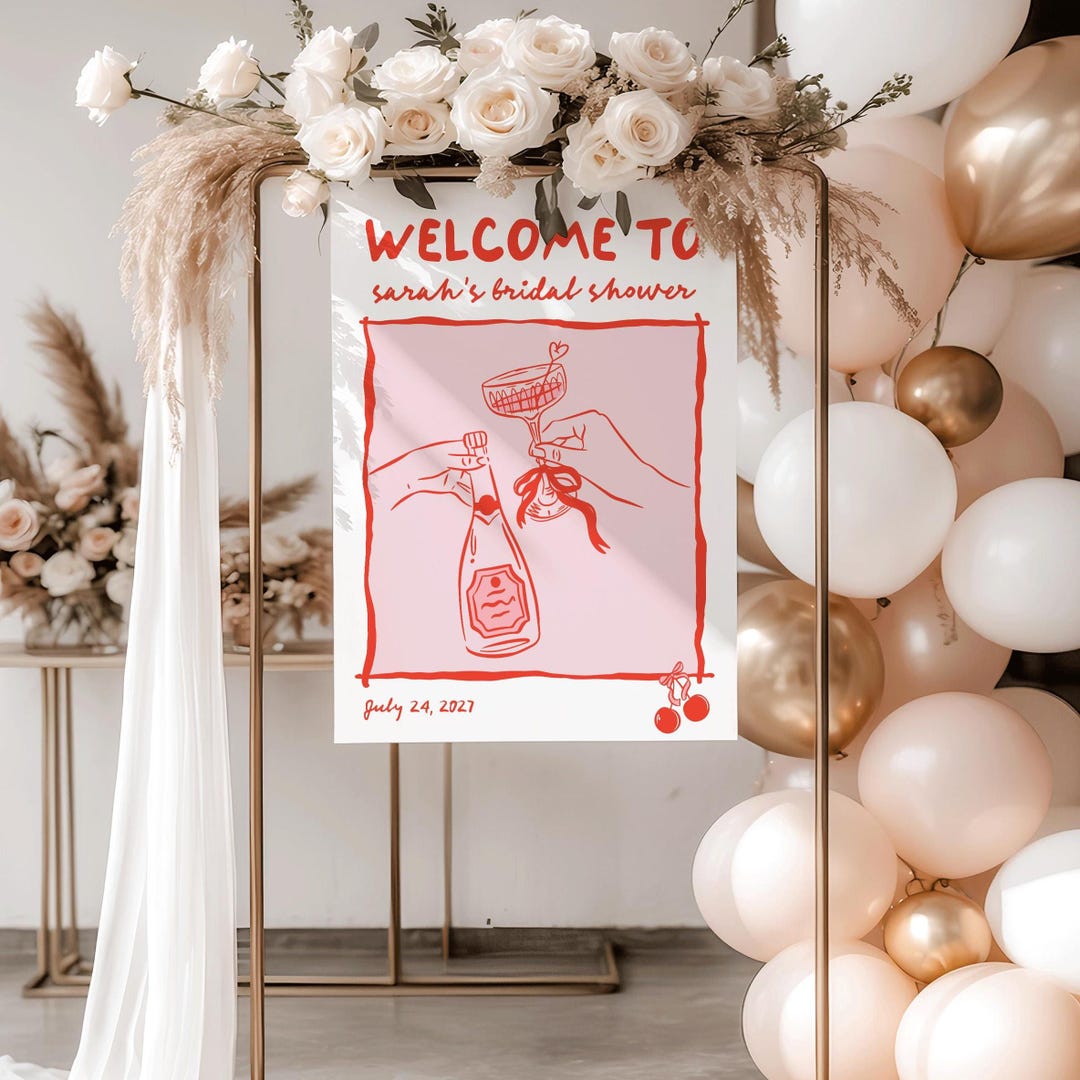 Whimsical Bridal Shower Welcome Sign: Pink & Red Cocktail Party Decor ...