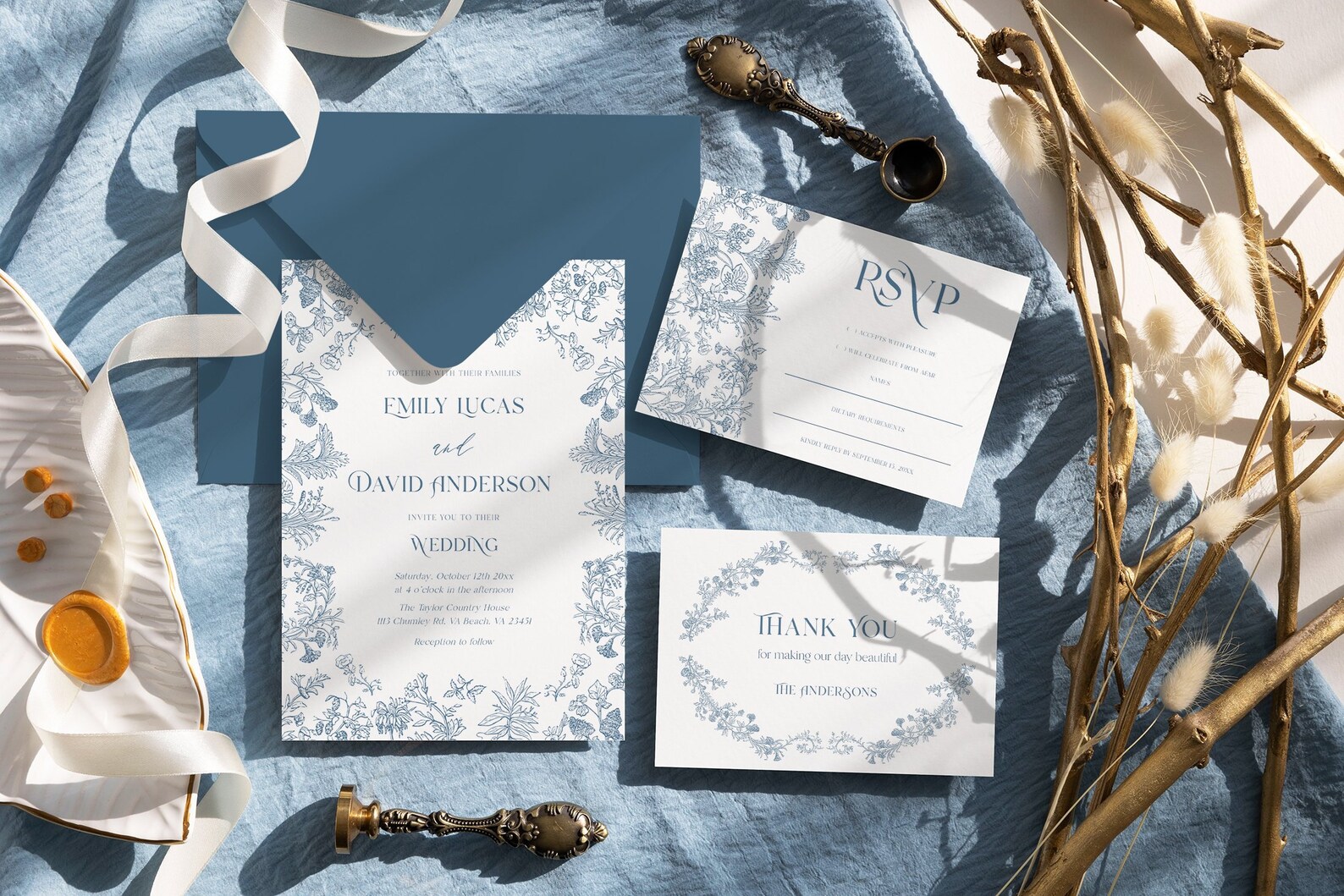 Dusty Blue Toile Wedding Invitation Bundle, Vintage Chinoiserie Floral ...