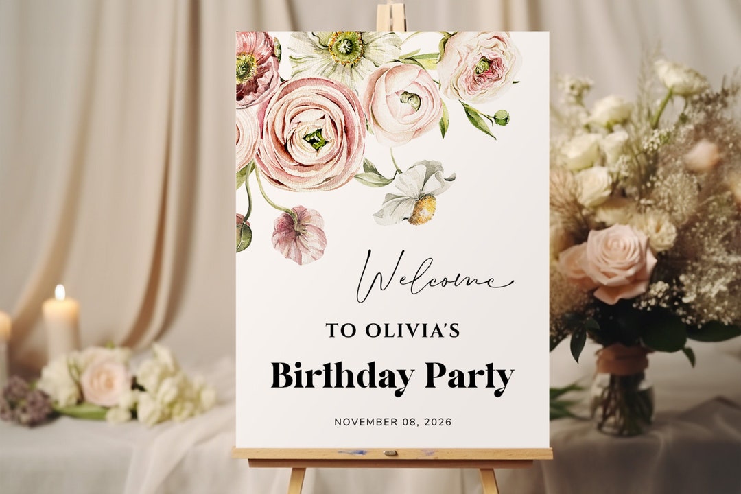 Floral Welcome Sign Birthday Party Decor, Pink Floral Birthday Sign ...
