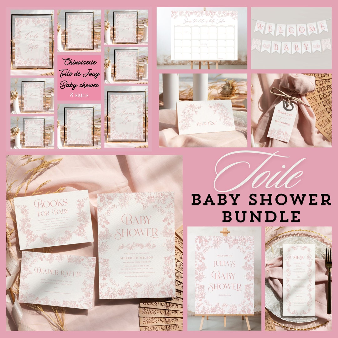 Pink Toile Baby Shower Invitation Bundle, Chinoiserie Floral Decor ...